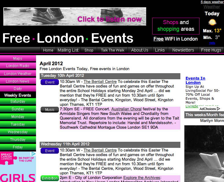 Free London Events homepage - Broke in London